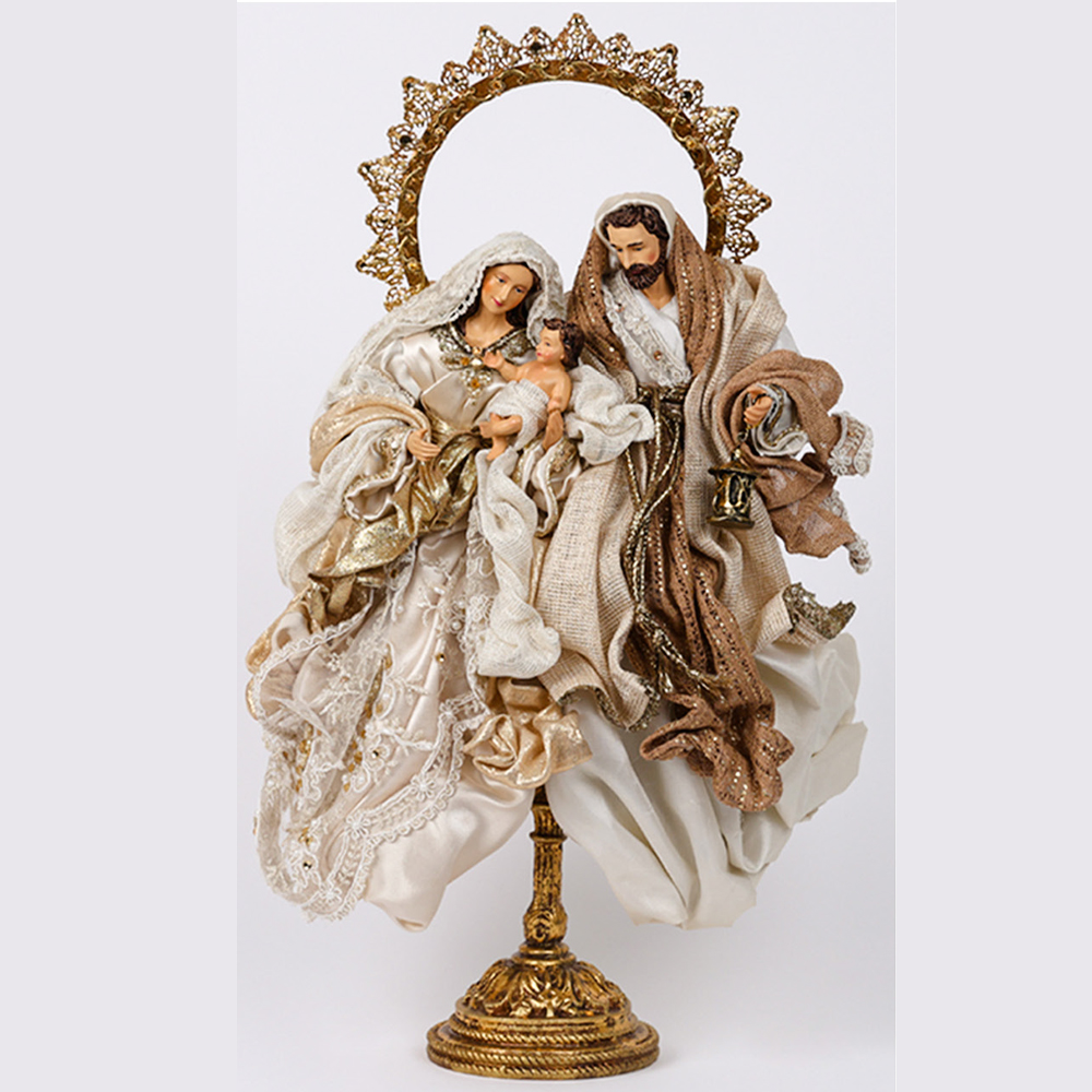Sacra Famiglia Fiori di Lena su base avorio e oro H36 cm